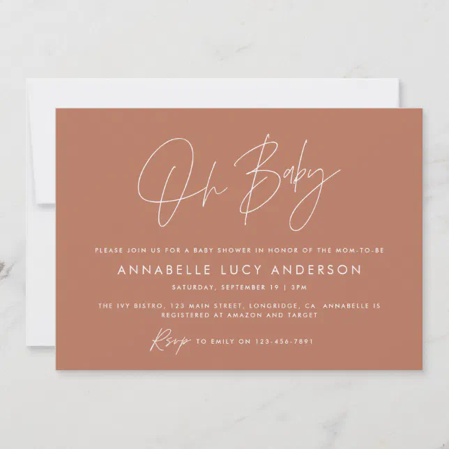 Baby shower script modern terracotta elegant photo invitation | Zazzle