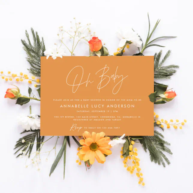 Baby shower script modern vibrant orange boho invitation | Zazzle
