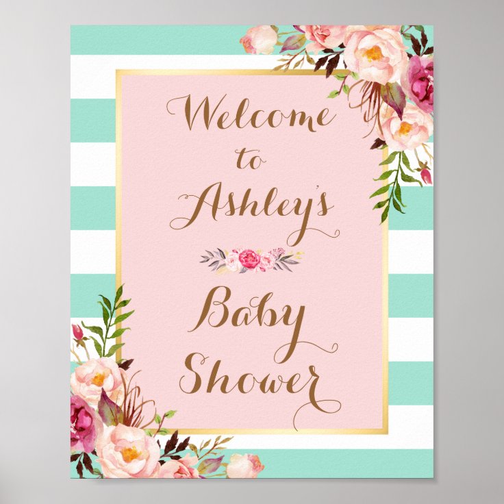 Baby Shower Sign Pink Floral Mint Green Stripes | Zazzle
