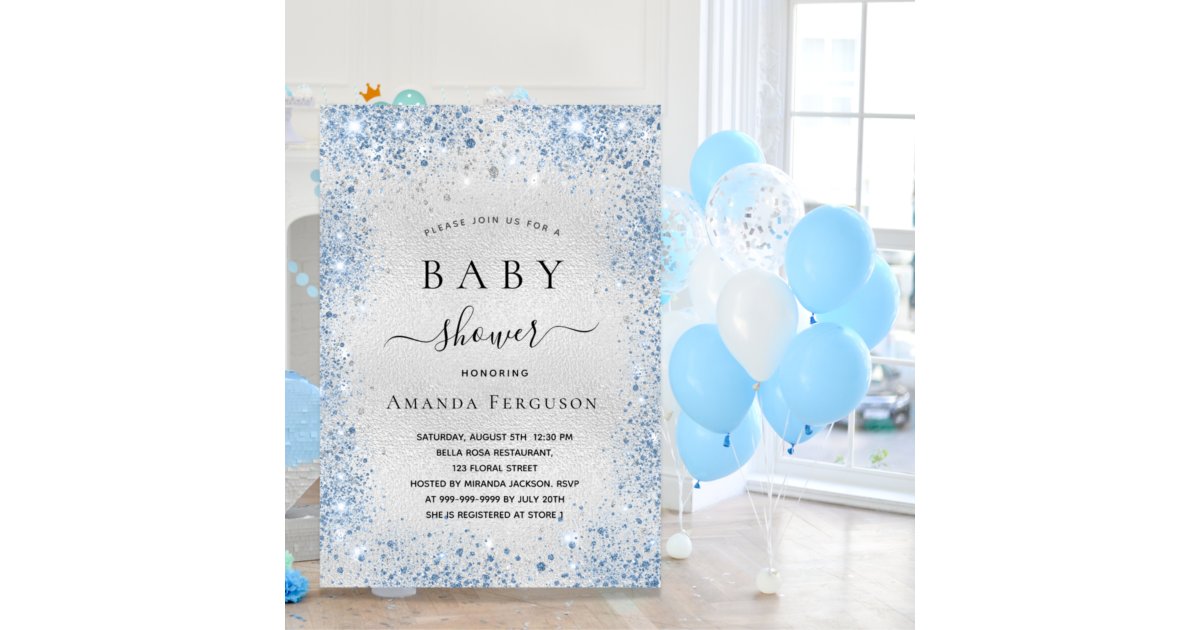Baby shower silver blue boy name invitation | Zazzle