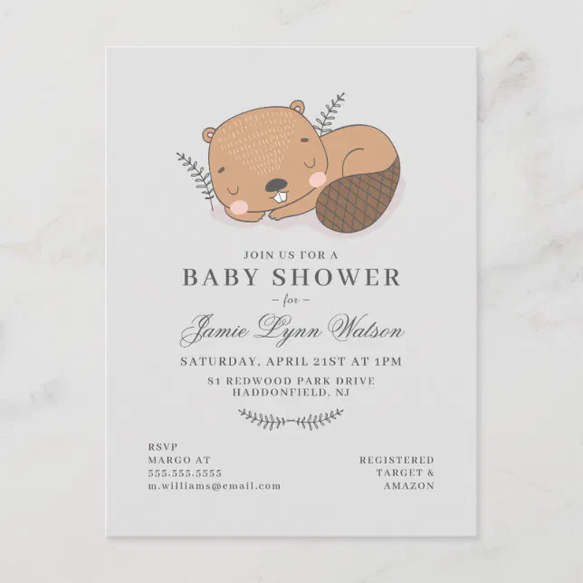 BABY SHOWER | Sleepy Beaver Invitation Postcard | Zazzle