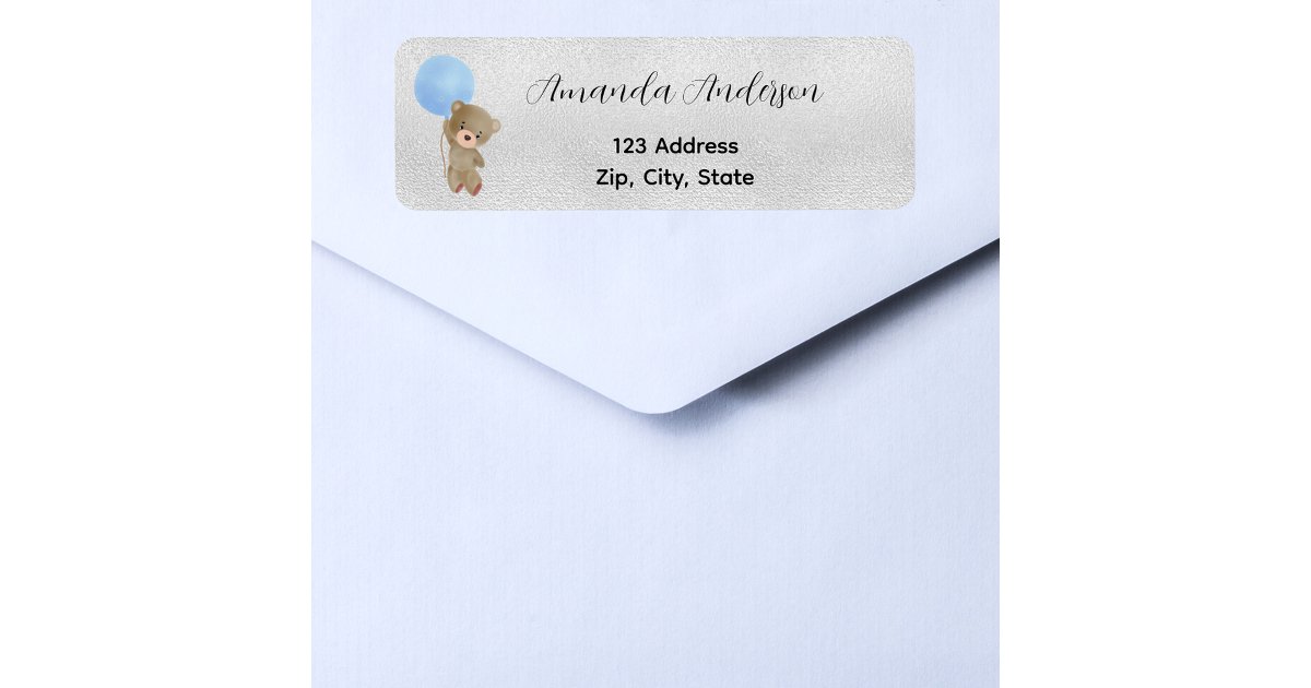 Baby Shower teddy bear blue silver return address Label | Zazzle