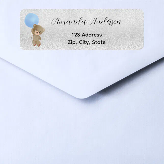 Baby Shower teddy bear blue silver return address Label | Zazzle