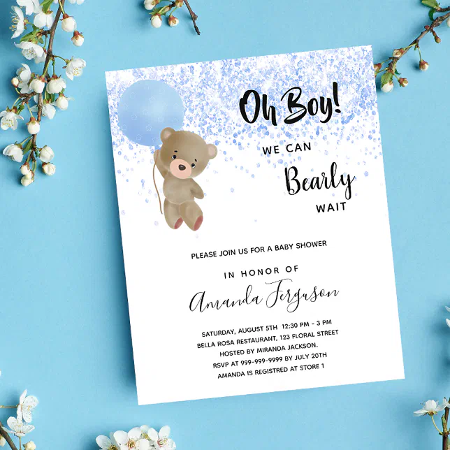 Baby shower teddy bear boy blue budget invitation flyer | Zazzle