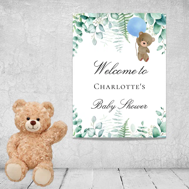 Baby shower teddy bear boy blue eucalyptus forest poster | Zazzle