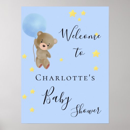 Baby shower teddy bear boy blue welcome poster | Zazzle