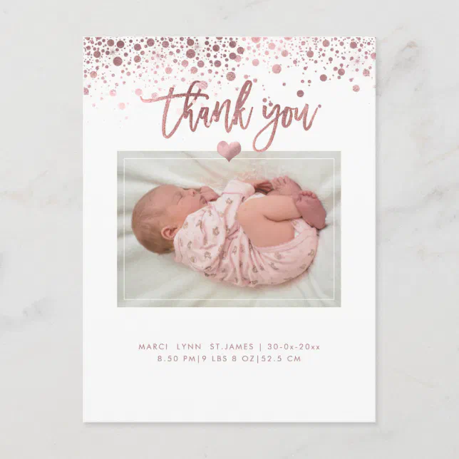Baby Shower Thank You/Dazzled Faux Rose Gold Postcard | Zazzle