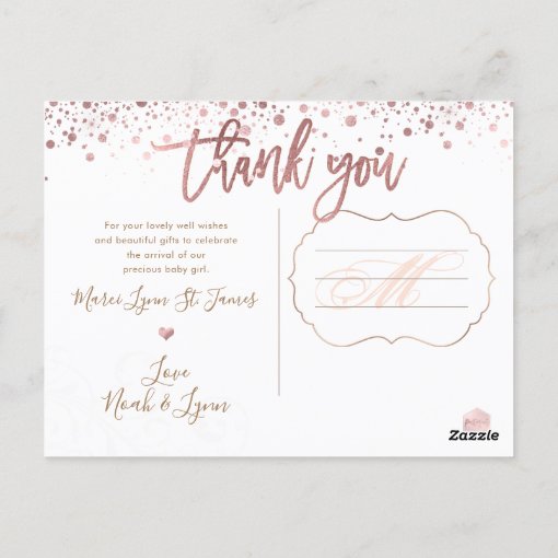 Baby Shower Thank You/Dazzled Faux Rose Gold Postcard | Zazzle