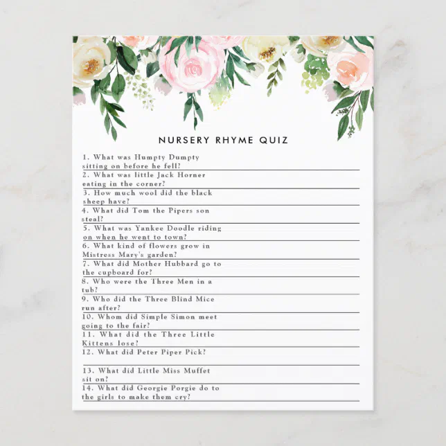 Baby shower watercolor floral nursery rhyme game | Zazzle