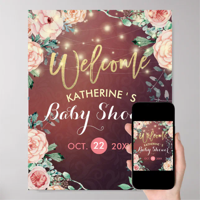 Baby Shower Welcome Floral String Lights Burgundy Poster | Zazzle