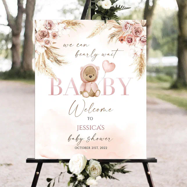 Baby Shower Welcome Sign pink teddy bear baby pamp | Zazzle