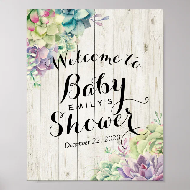 Baby Shower Welcome Succulent Plants Rustic Wood Poster | Zazzle