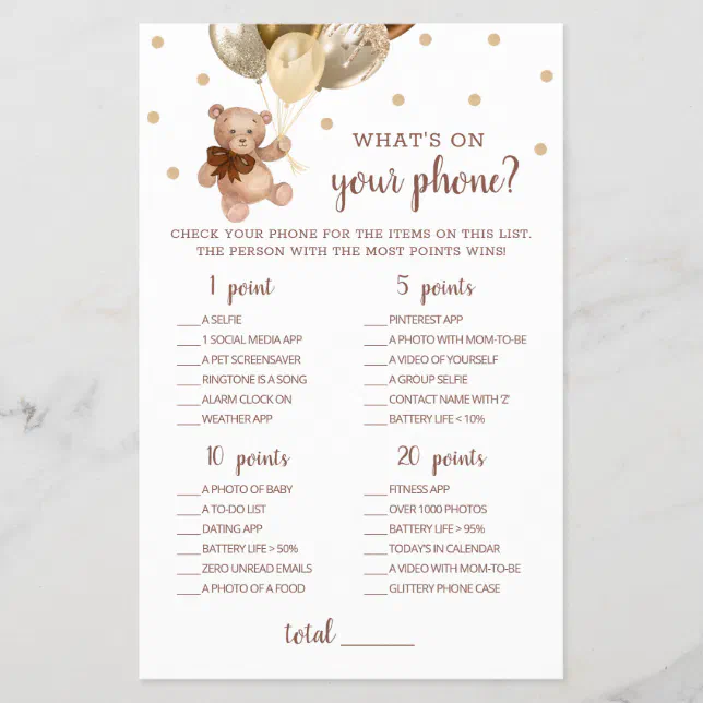 Baby Shower What's On Your Phone Game Teddy Bear | Zazzle