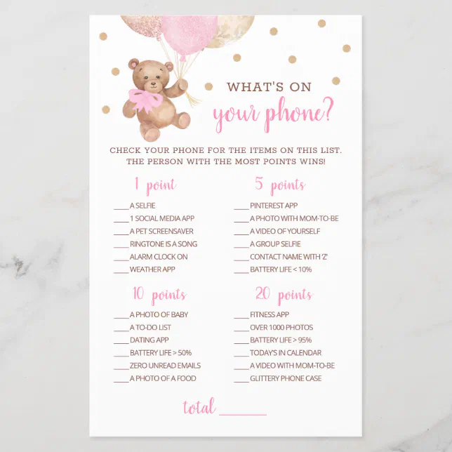 Baby Shower WHat's On Your Phone Game Teddy Bear | Zazzle