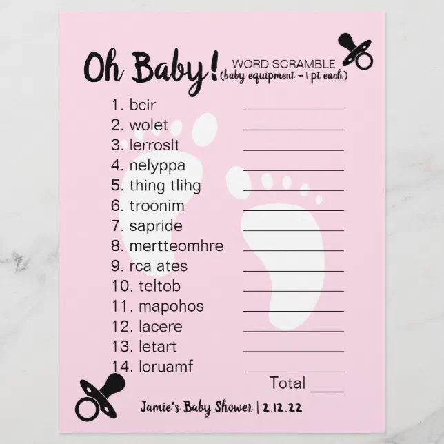 Baby Shower Word Scramble Pink | Zazzle