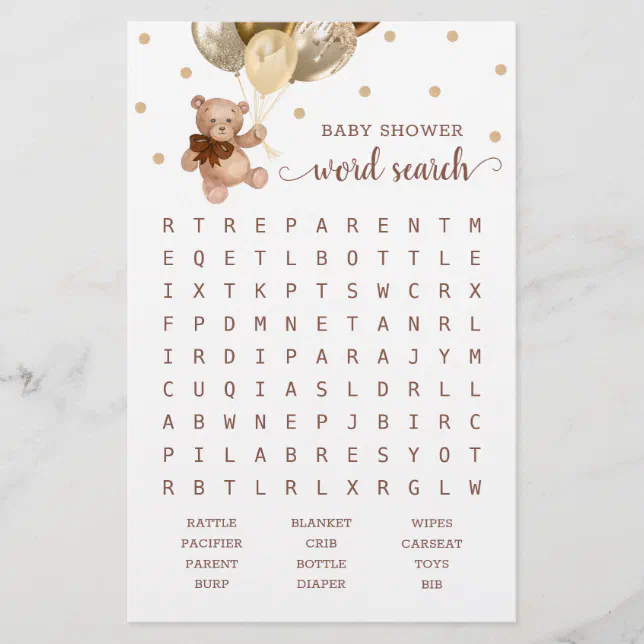Baby Shower Word Search Game Teddy Bear Brown | Zazzle