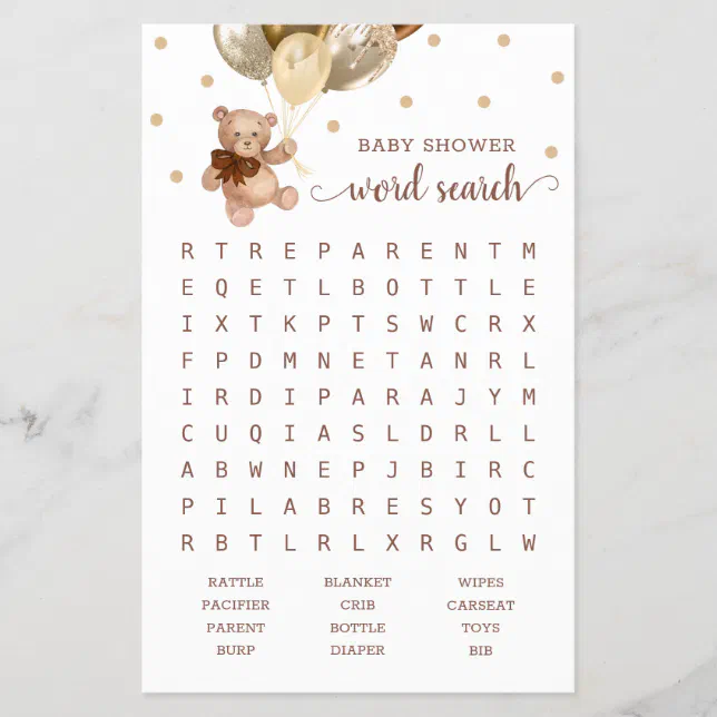 Baby Shower Word Search Game Teddy Bear Brown | Zazzle