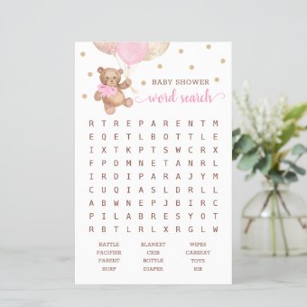 Baby Shower Word Search Game Teddy Bear Pink | Zazzle