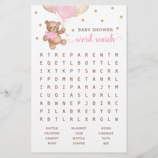 Baby Shower Word Search Game Teddy Bear Pink | Zazzle