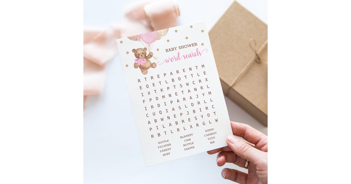 Baby Shower Word Search Game Teddy Bear Pink Card | Zazzle