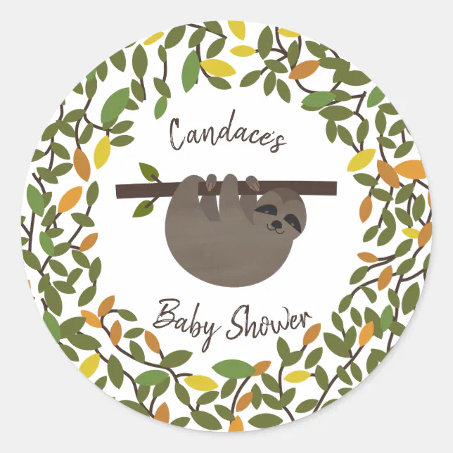 Baby Sloth Autumn Greenery Baby Shower Classic Round Sticker | Zazzle