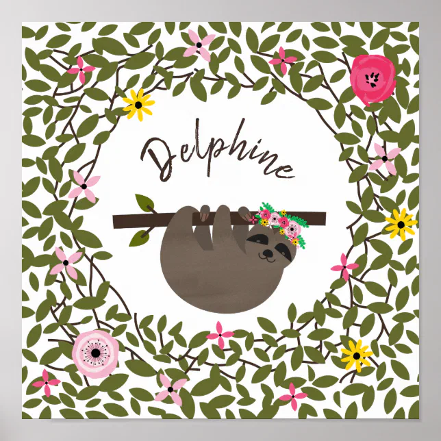 Baby Sloth Floral Greenery Baby Nursery Poster | Zazzle