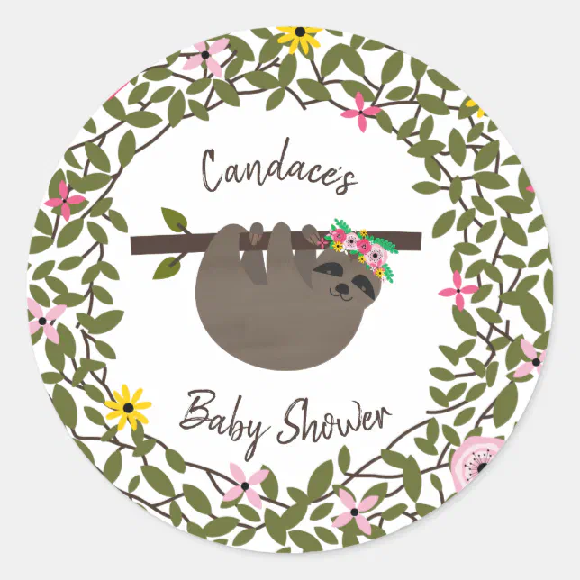 Baby Sloth Greenery Floral Baby Shower Classic Round Sticker | Zazzle