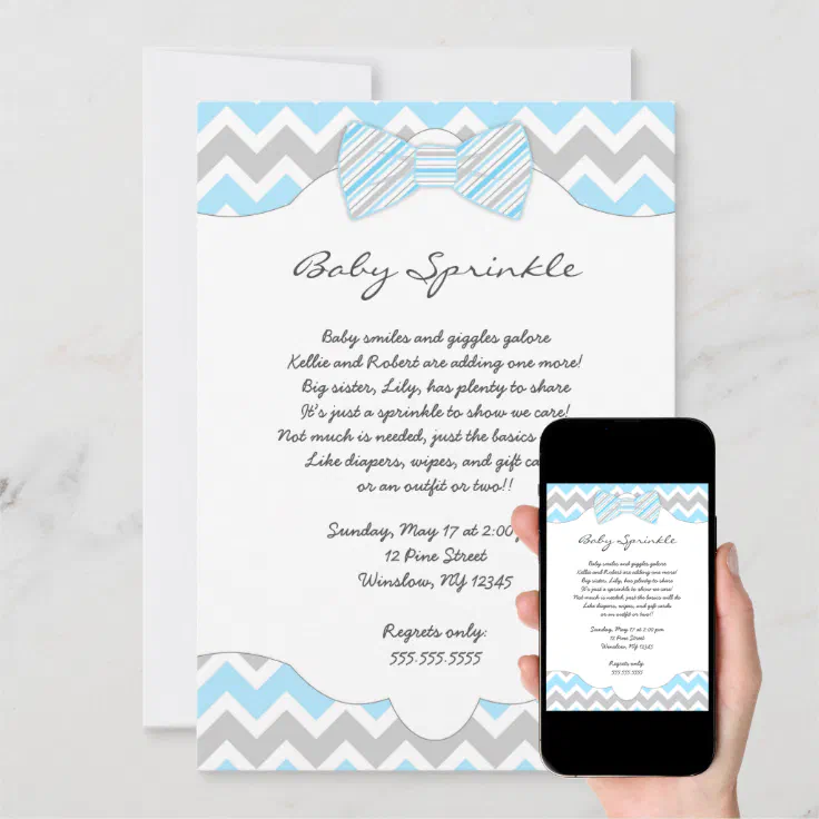 Baby Sprinkle Blue Bow tie baby shower invites | Zazzle