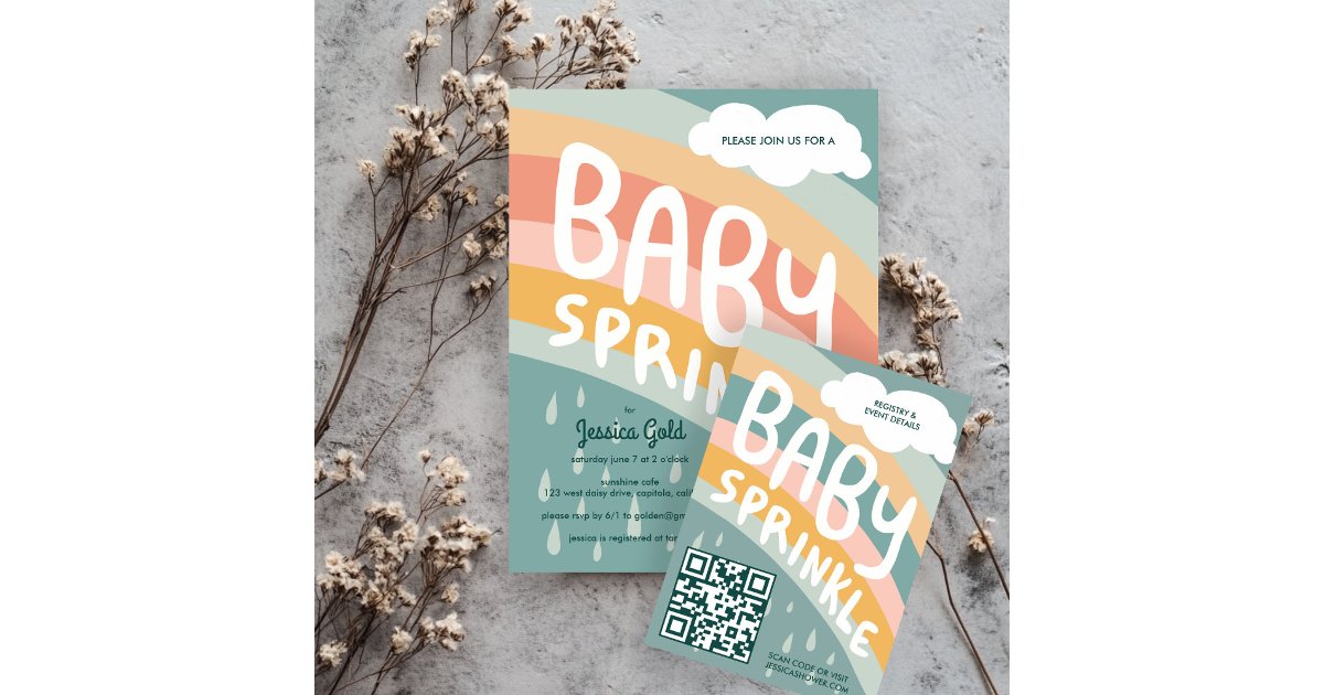 BABY SPRINKLE Clouds Rainbow Cute Custom QR CODE Enclosure Card | Zazzle