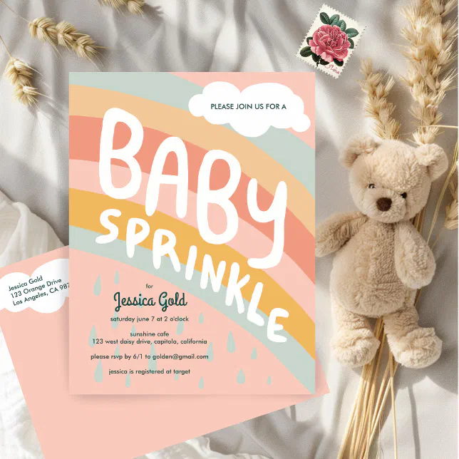 BABY SPRINKLE Cute Clouds Rainbow Rain Custom Invitation Postcard | Zazzle