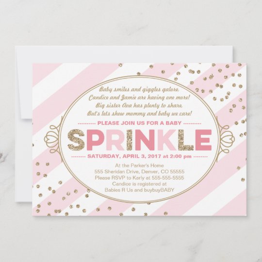 baby sprinkle invitation girl gold pink stripes | Zazzle.com