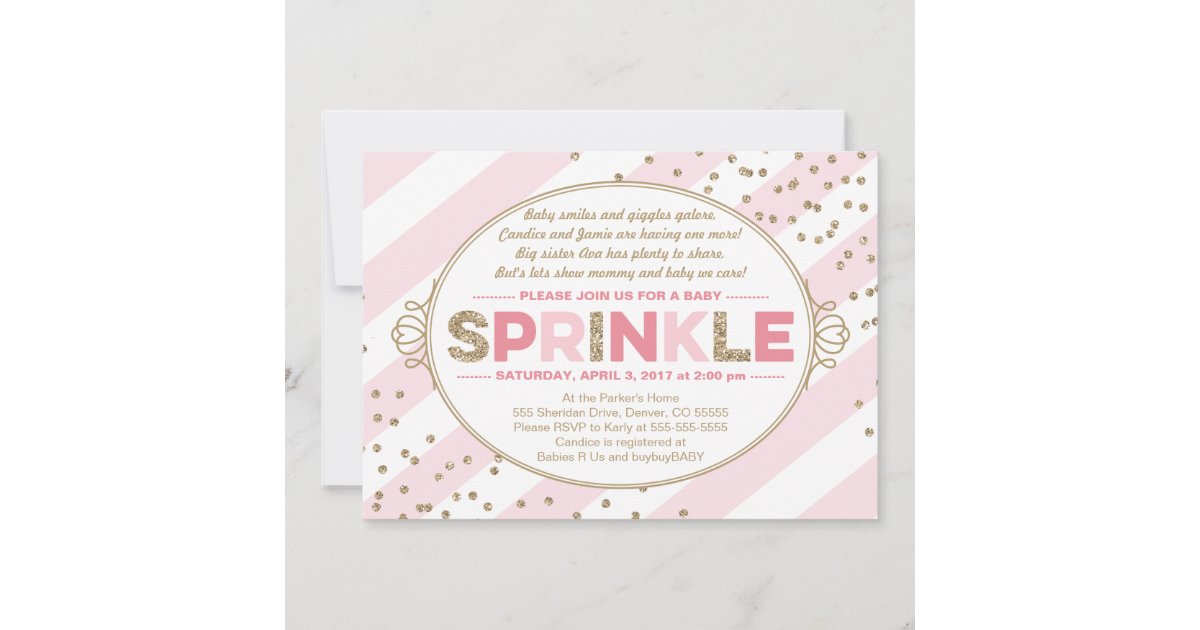 baby sprinkle invitation girl gold pink stripes | Zazzle