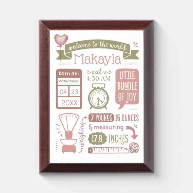 Baby Stats Birth Announcement in Pink Award Plaque | Zazzle