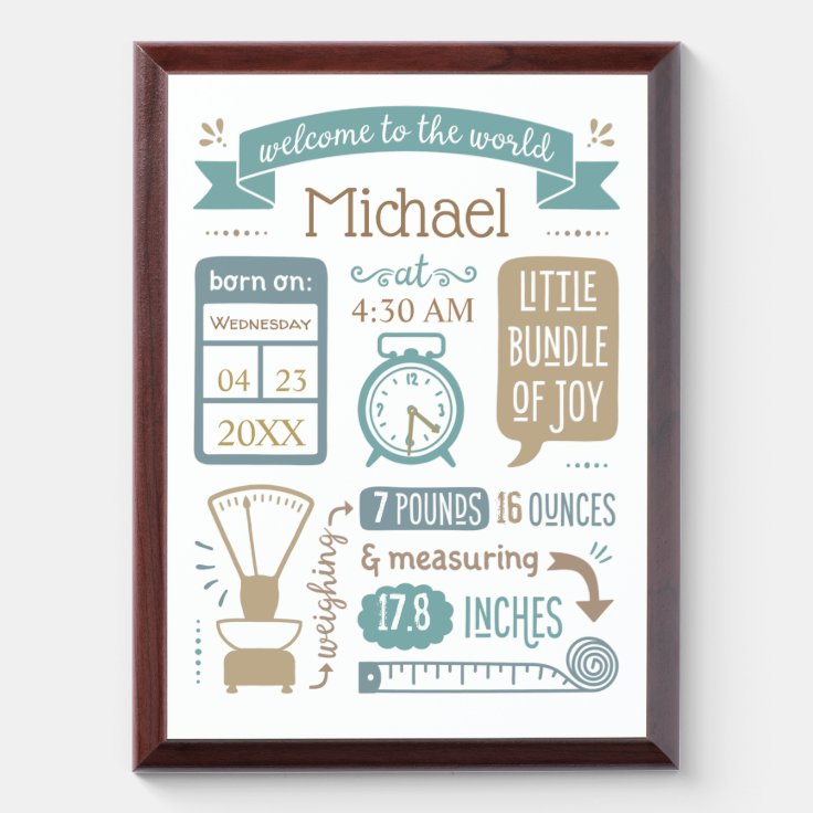 Baby Stats Birth Announcement Tan and Blue Award Plaque | Zazzle