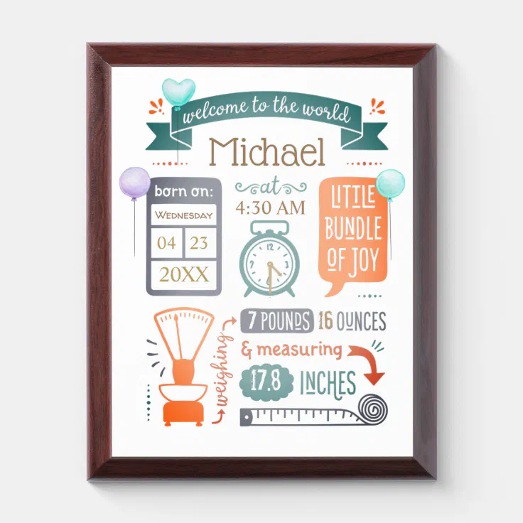 Baby Stats Birth Announcement Teal Blue, Orange Award Plaque | Zazzle