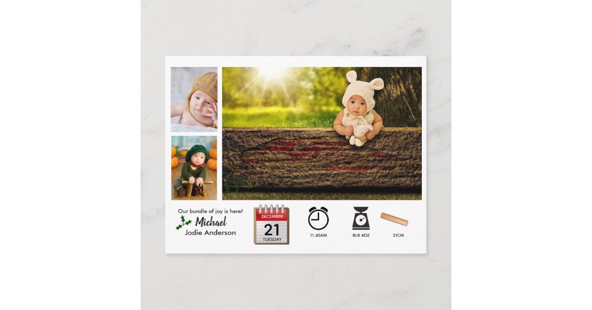 BABY STATS ICONS and PHOTO XMAS Birth Announcement Postcard | Zazzle