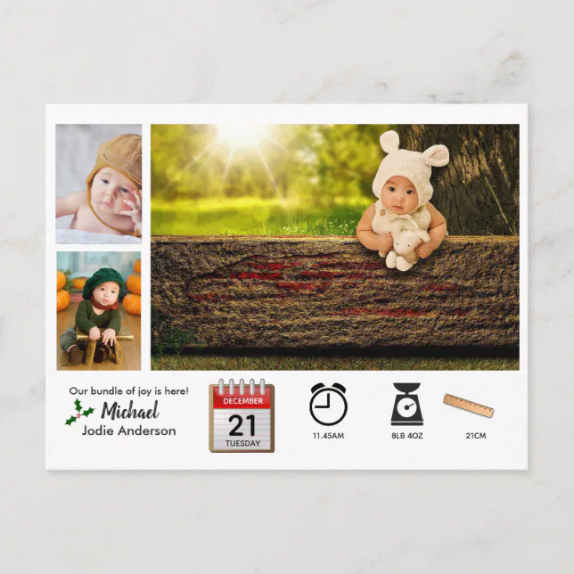 BABY STATS ICONS and PHOTO XMAS Birth Announcement Postcard | Zazzle