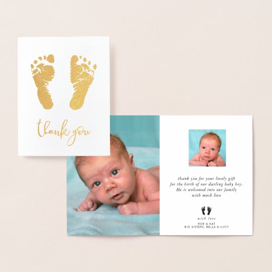 BABY THANK YOU photo cute chubby feet foot prints Foil Card | Zazzle.com