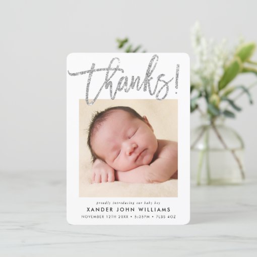 BABY THANKS modern minimal script baby photo Thank You Card | Zazzle