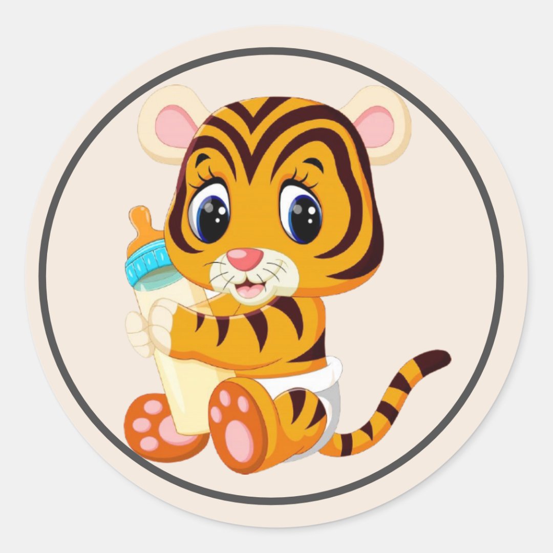 Baby Tiger with a Bottle and Diaper with Frame Classic Round Sticker ...