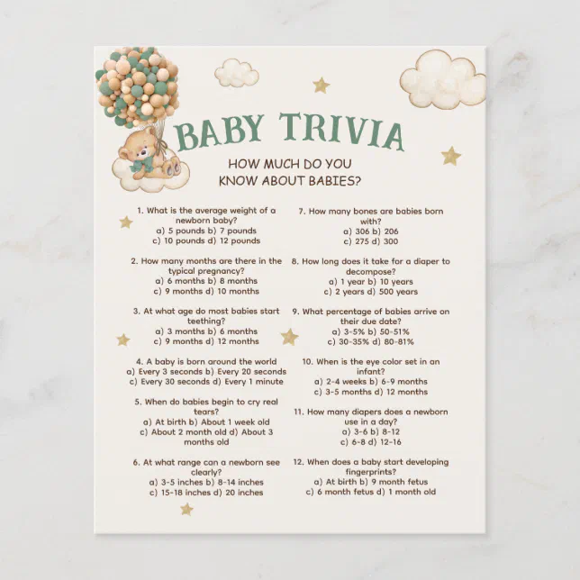 Baby Trivia Bear Balloons Baby Shower Game | Zazzle