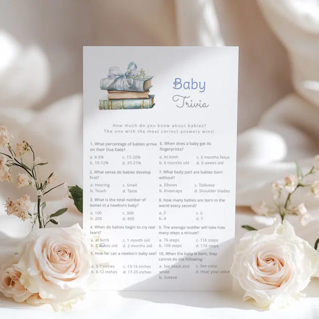 Baby Trivia Blue Bow Books baby shower game | Zazzle
