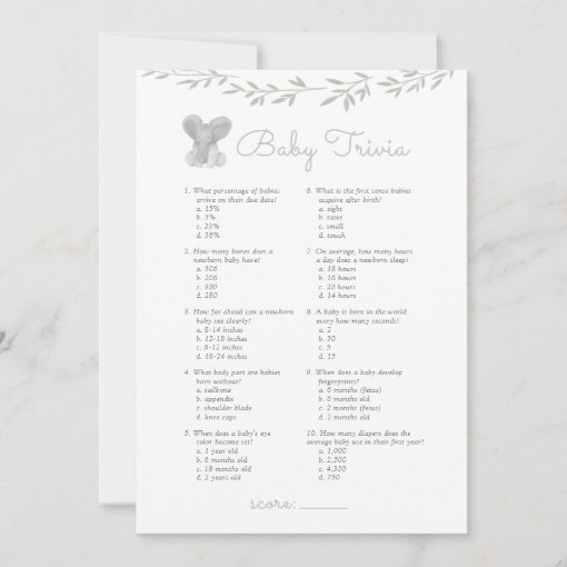 Baby Trivia Elephant Baby Shower Game Invitation | Zazzle