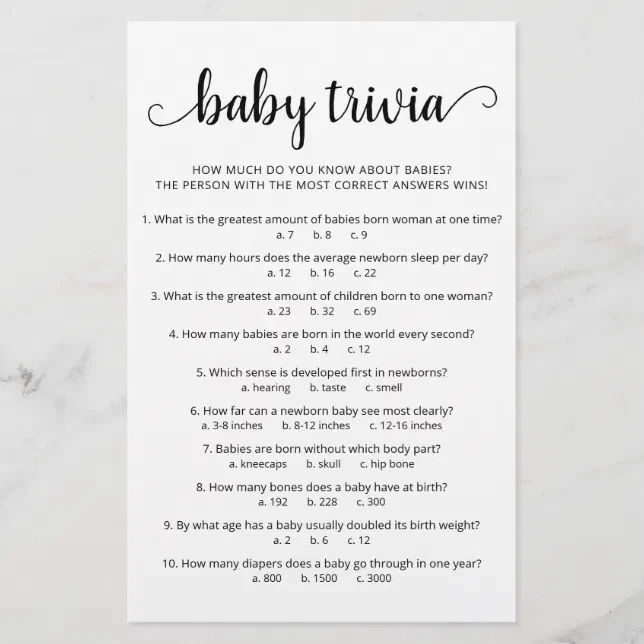 Baby Trivia Game with Answers Baby Shower party | Zazzle