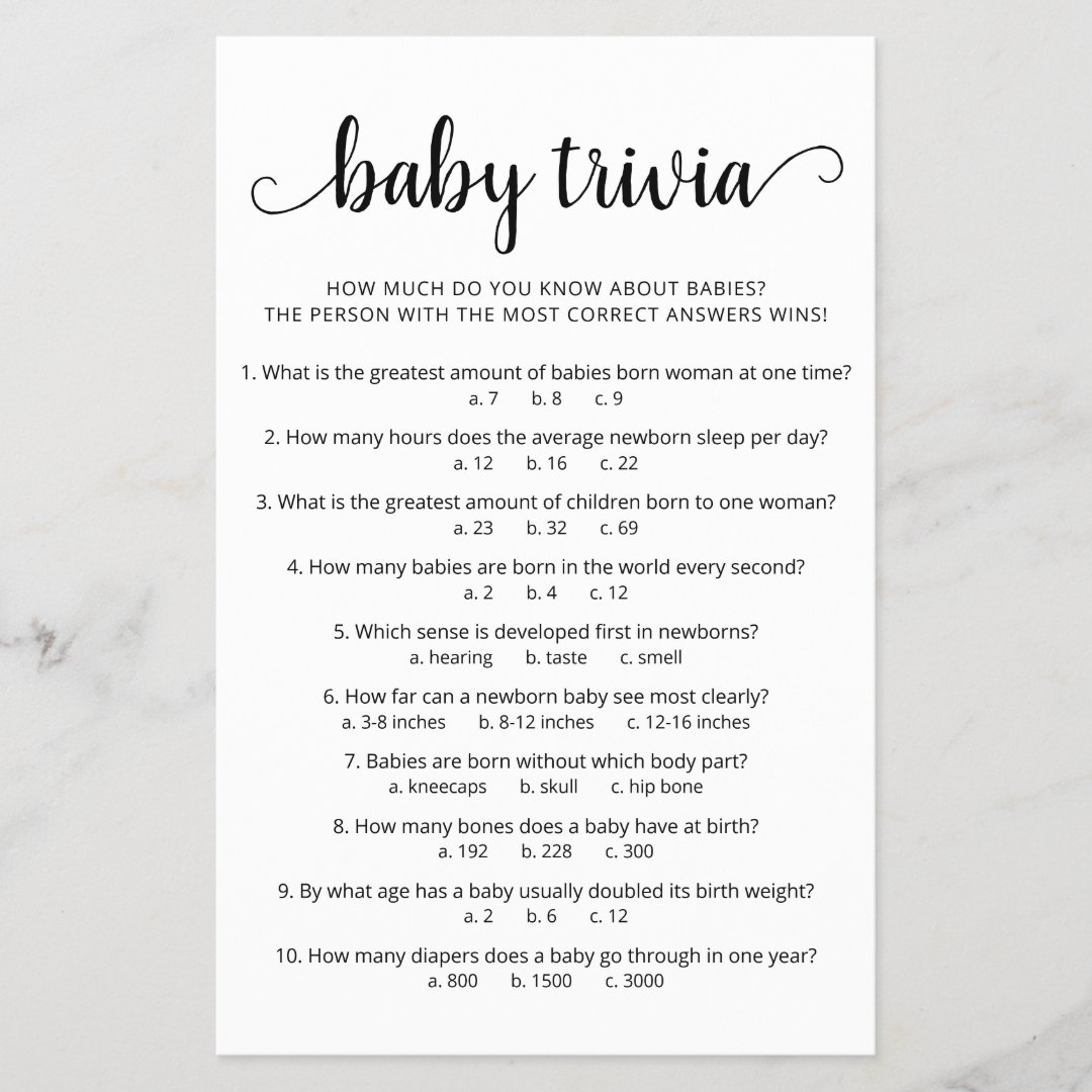 Baby Trivia Game with Answers Baby Shower party | Zazzle