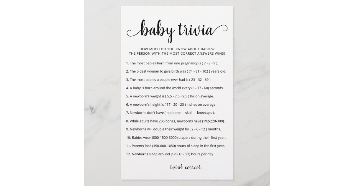 Baby Trivia Game with Answers Baby Shower party | Zazzle