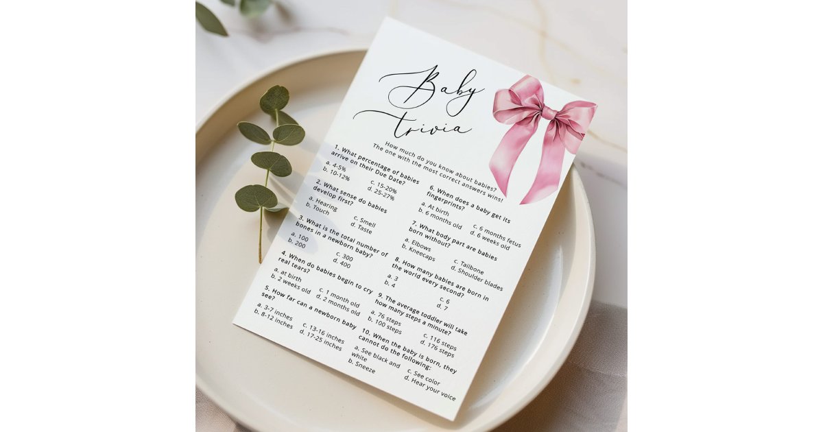 Baby trivia Script Pink Bow Baby shower game | Zazzle