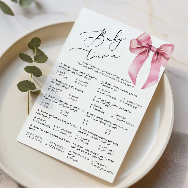Baby trivia Script Pink Bow Baby shower game | Zazzle