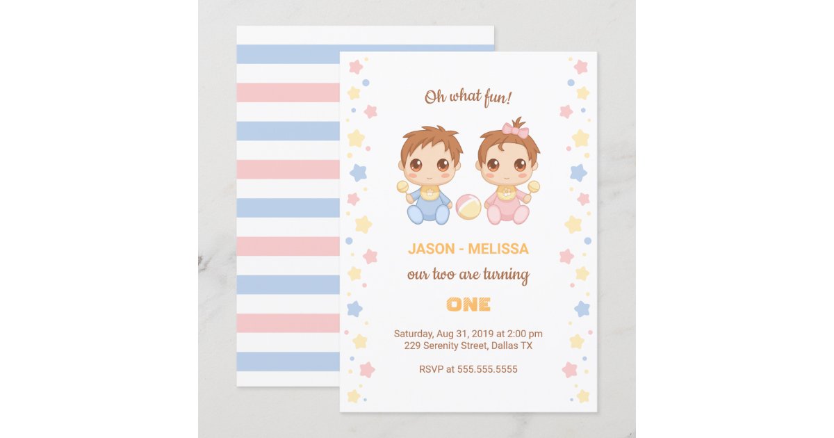 Baby Twins Boy Girl First Birthday Invitation | Zazzle