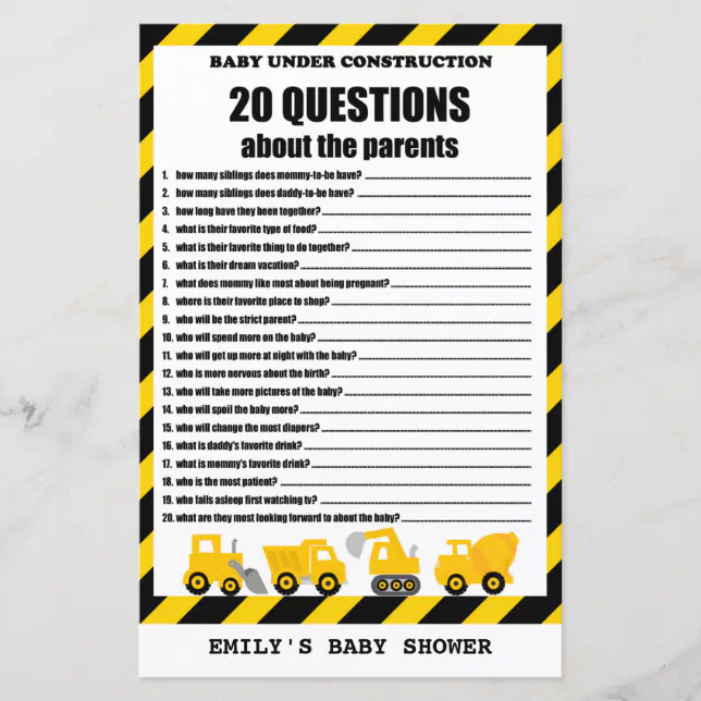 Baby Under Construction Baby Shower Game PRINTED | Zazzle
